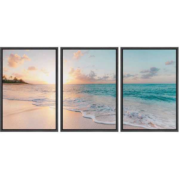 IDEA4WALL Aesthetic Sunset on Teal Ocean Coastal Beach Shore Framed Canvas 3 Pieces Print ...